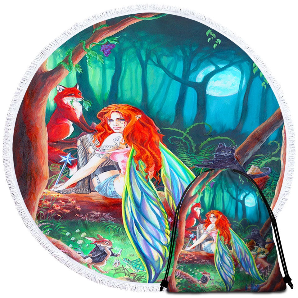 Buy Cool Fairy Tale Forest Redhead Fairy and Friends Round Beach Towel ...