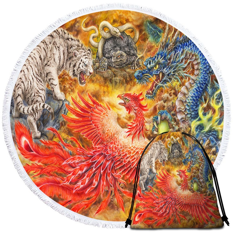 Buy Cool Fantasy Art Four Heavenly Beasts Round Beach Towel - MyDeal