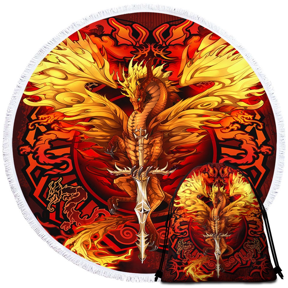 Buy Cool Fantasy Sword Weapon Dragon Flame Blade Round Beach Towel ...