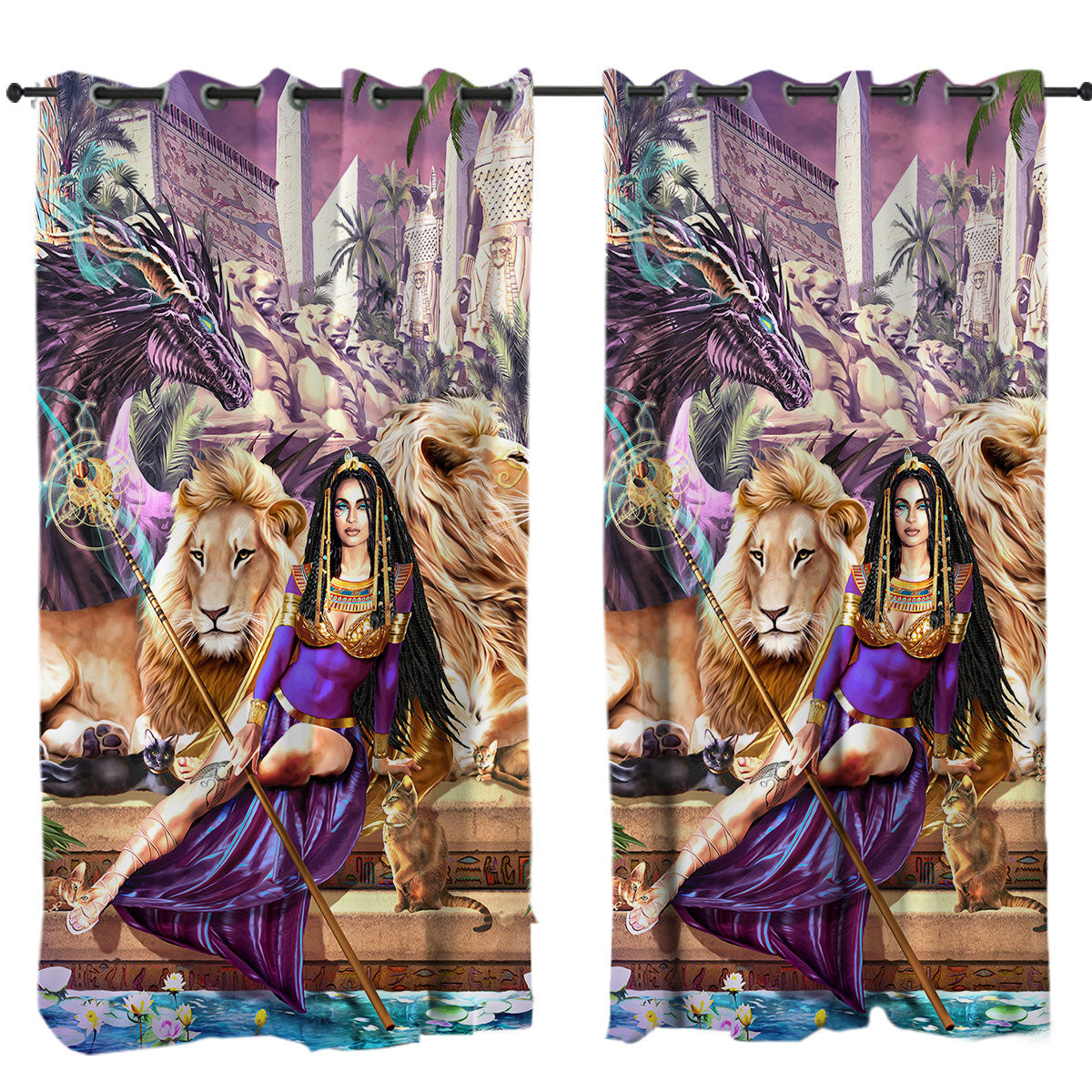 Buy Egyptian Art Lions Dragon and Princess Cleopatra Curtain - Single ...