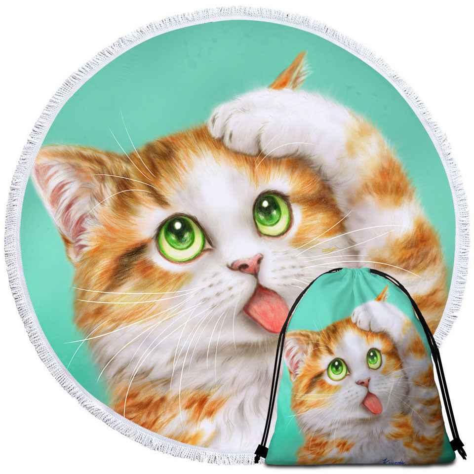Buy Funny Cat Prints Goofy Face Cute Ginger Kitten Round Beach Towel ...