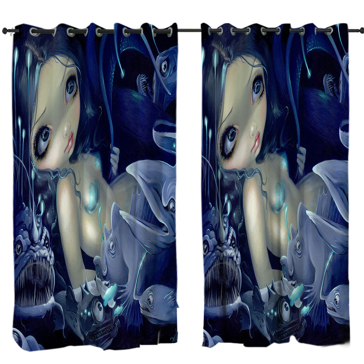 Buy In the Abyss Scary Underwater Art Fish and Mermaid Curtain - Single ...