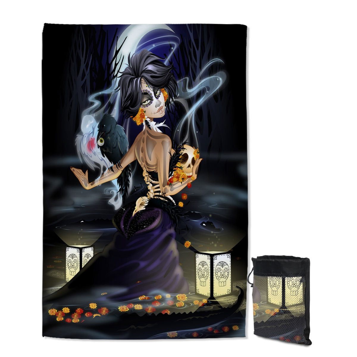 Buy Mourning Beauty Woman Crows and Skulls Quick Dry Beach Towel ...