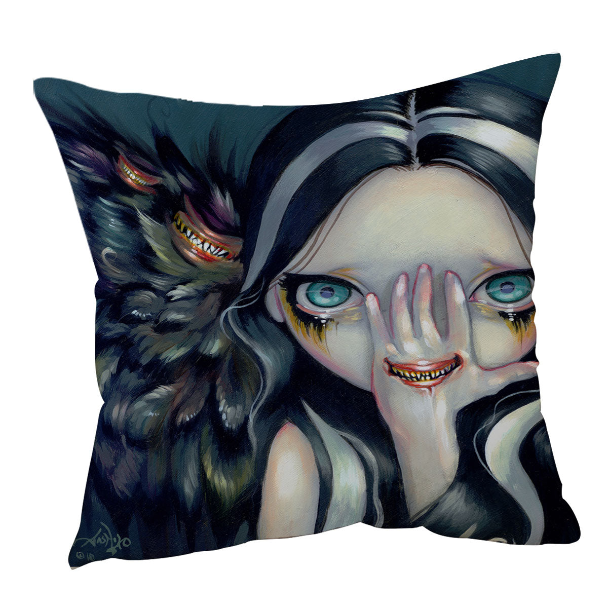 Buy Scary Gothic Art Speak No Evil Yokai Demon Girl Cushion Cover ...