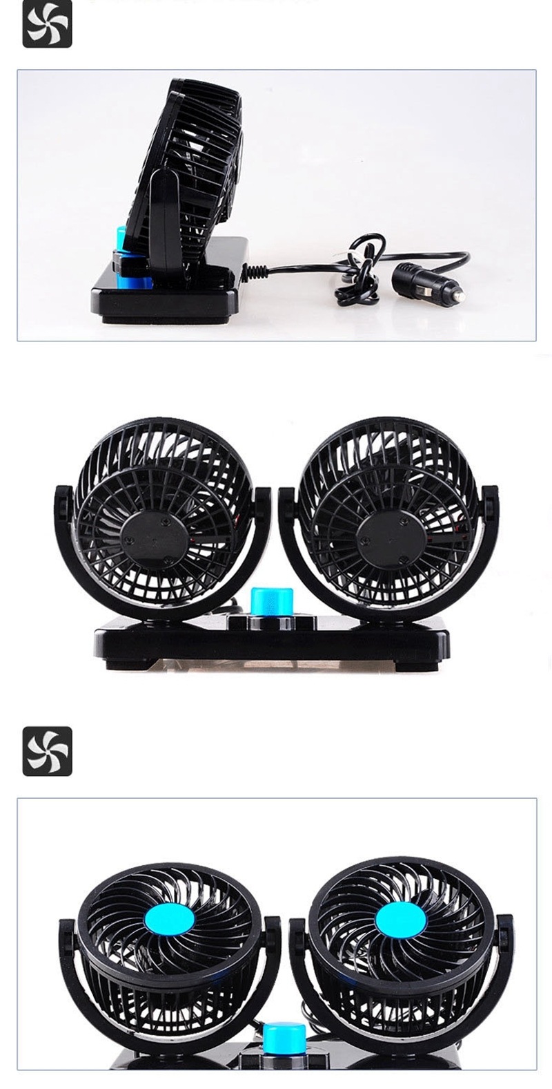 Buy Double Head 12V Car Fan Air Conditioning For Car 360 Degree ...