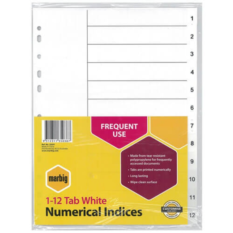 Buy 1-12 TAB Marbig Numerical Indices & Dividers A4 (White) - MyDeal Buy 1-12 TAB Marbig Numerical Indices & Dividers A4 (White) - MyDeal