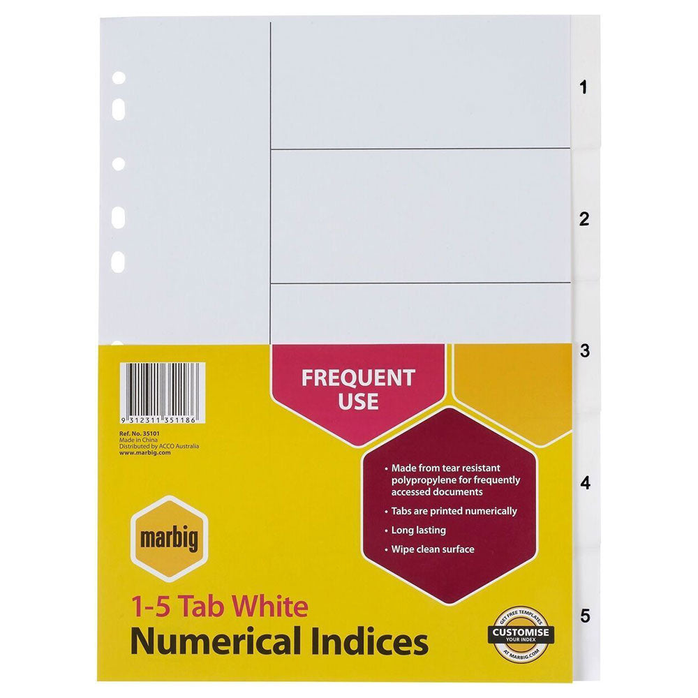 Buy Marbig A4 1-5 Tab Numerical Indices/Dividers (White) - MyDeal Australia