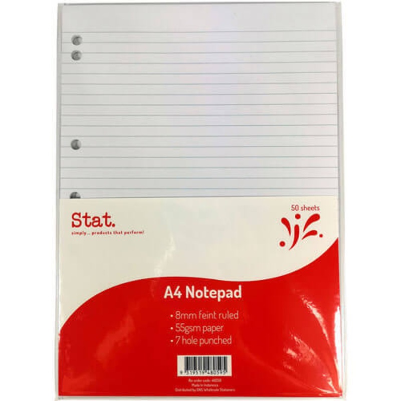 Buy PUNCHED Stat Notepad 8mm Ruled 50 Sheets A4 (White) - MyDeal