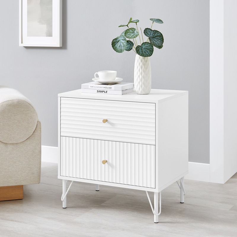 Buy Lisa Wavy Fluted Bedside Table With 2 Drawer in White - MyDeal