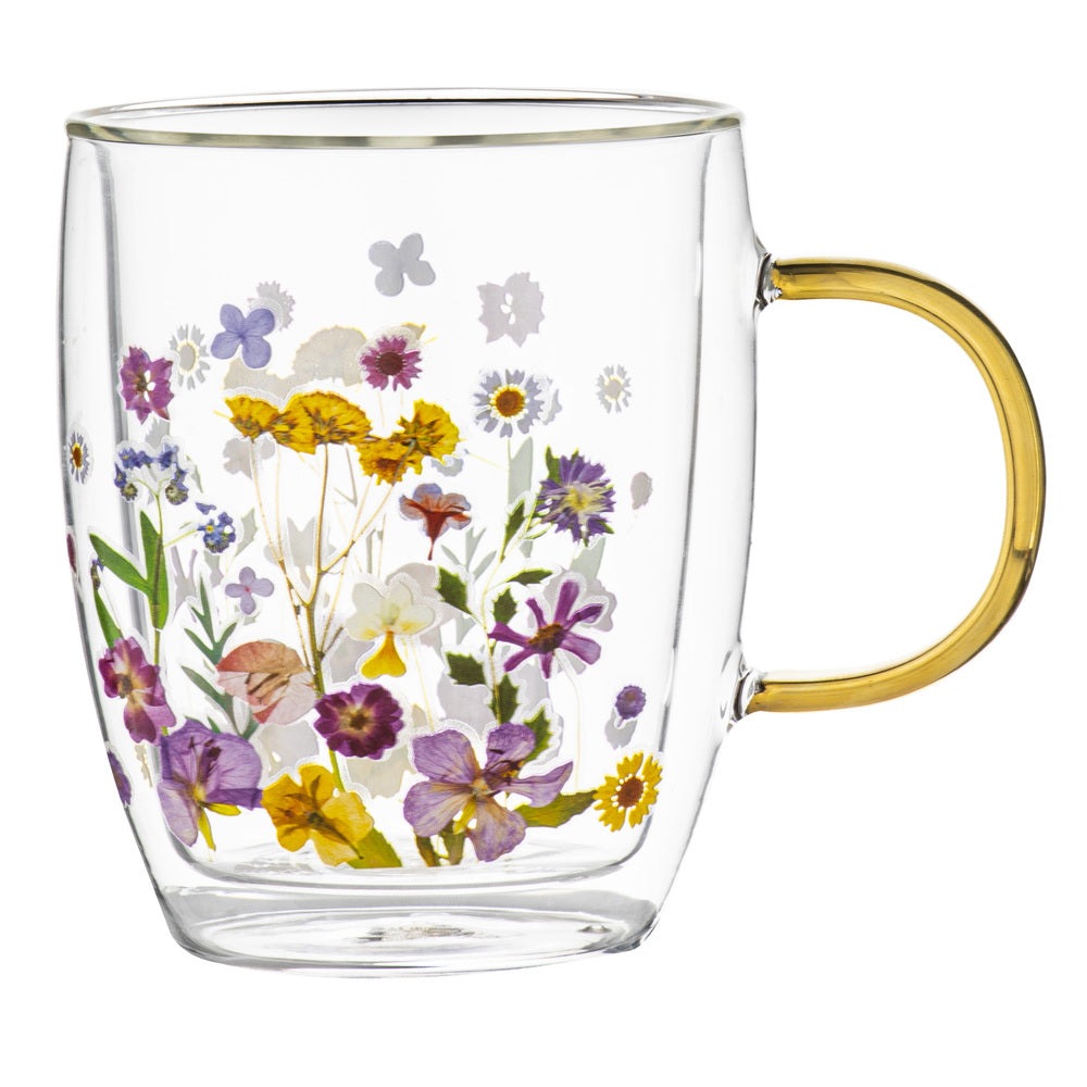 Buy Ashdene Pressed Flowers Double Wall Glass Mug 350ml - MyDeal Australia