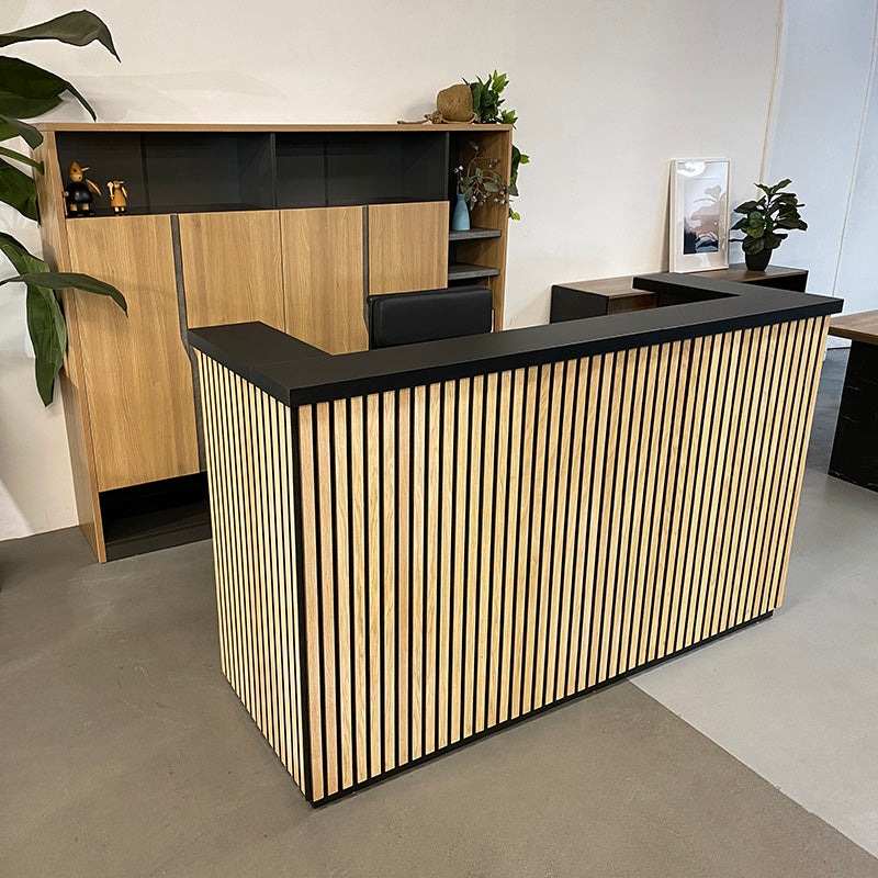 Buy KENTO Reception Desk 180cm - Timber Slat Acoustic Black & Oak - MyDeal