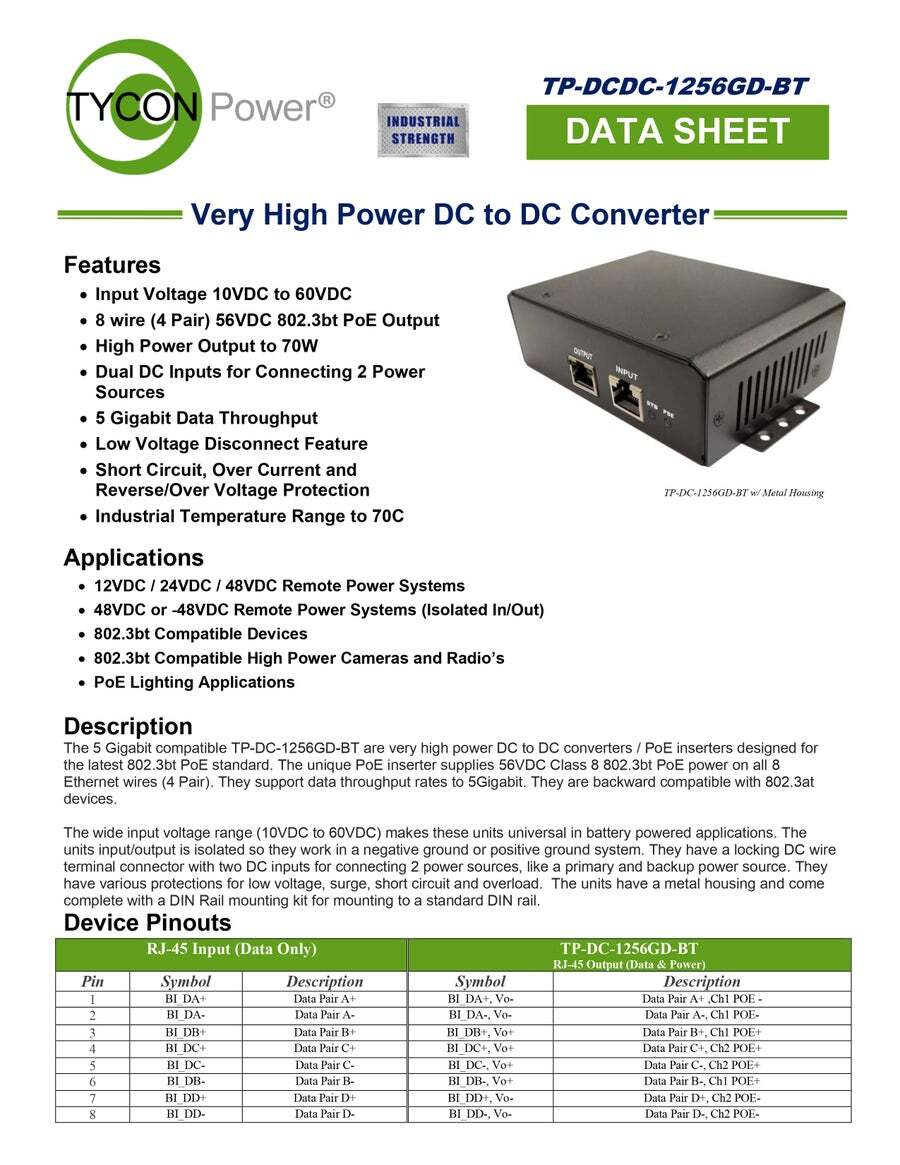 Buy UBIQUITI *******Tycon Power TP-DC-1256GD-BT, 10-60VDC Wire Term Input, 56V 70W 802.3bt ...