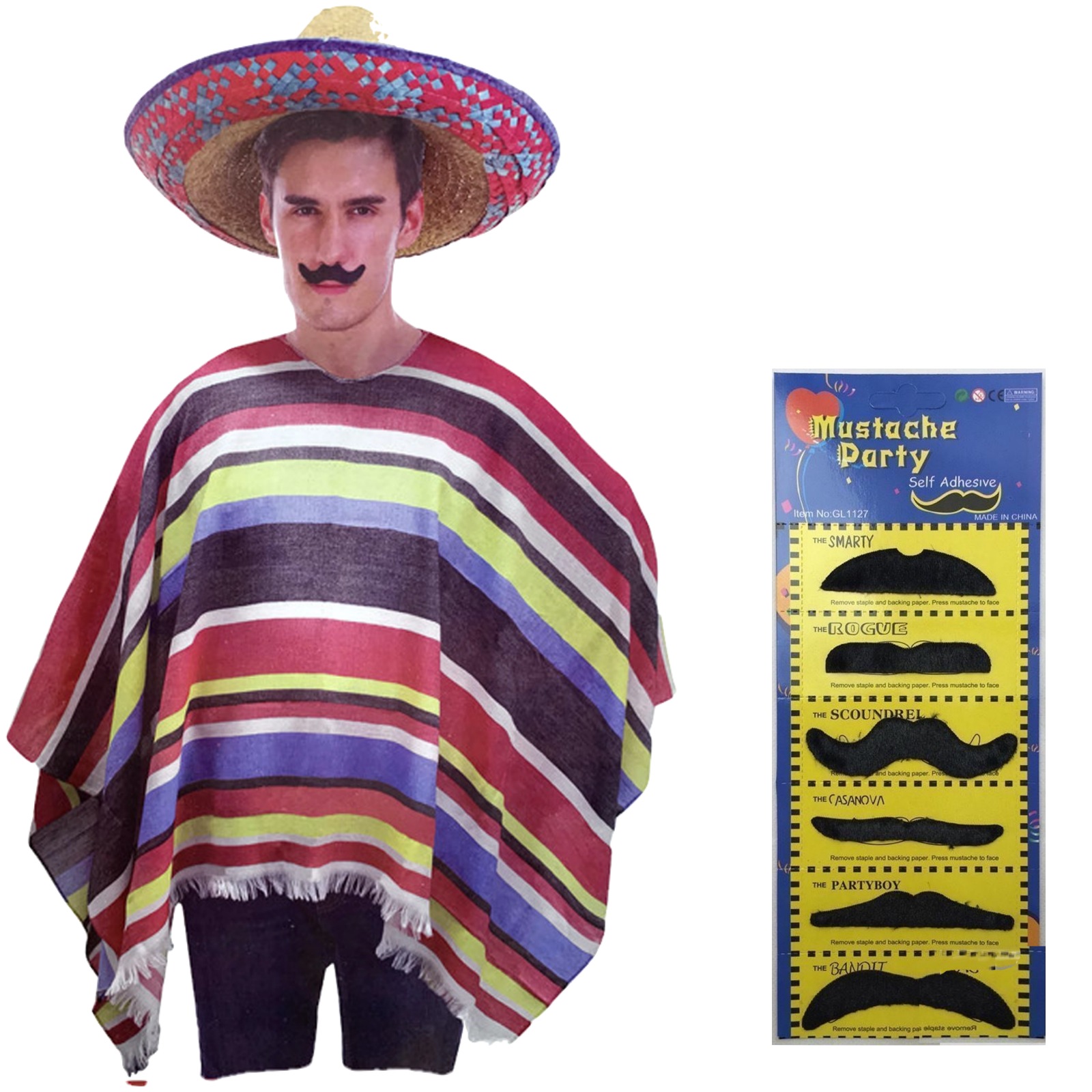 Buy 3Pc Set Mens Mexican Poncho + Sombrero Moustache Spanish Cowboy ...