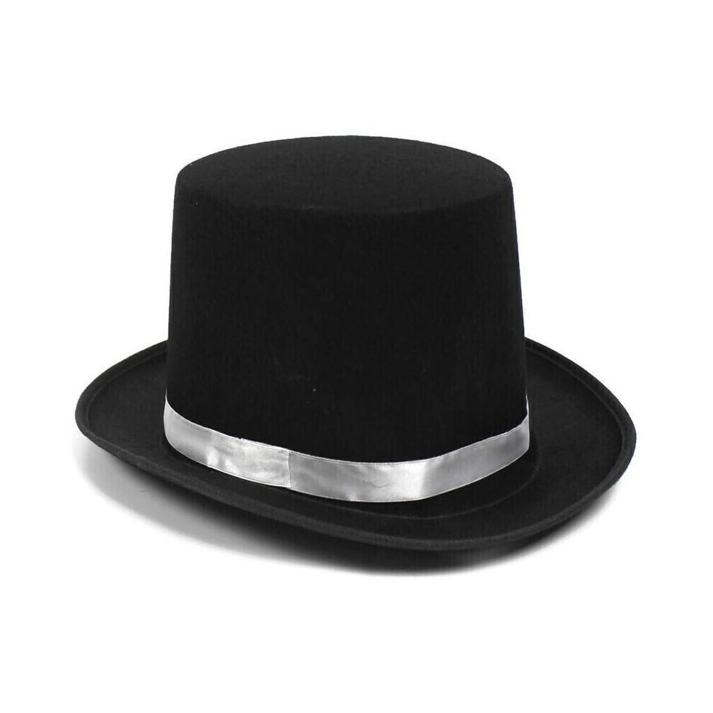 Buy Hats Black Satin Top Hat W Silver Ribbon Band Costume Mad Hatter ...