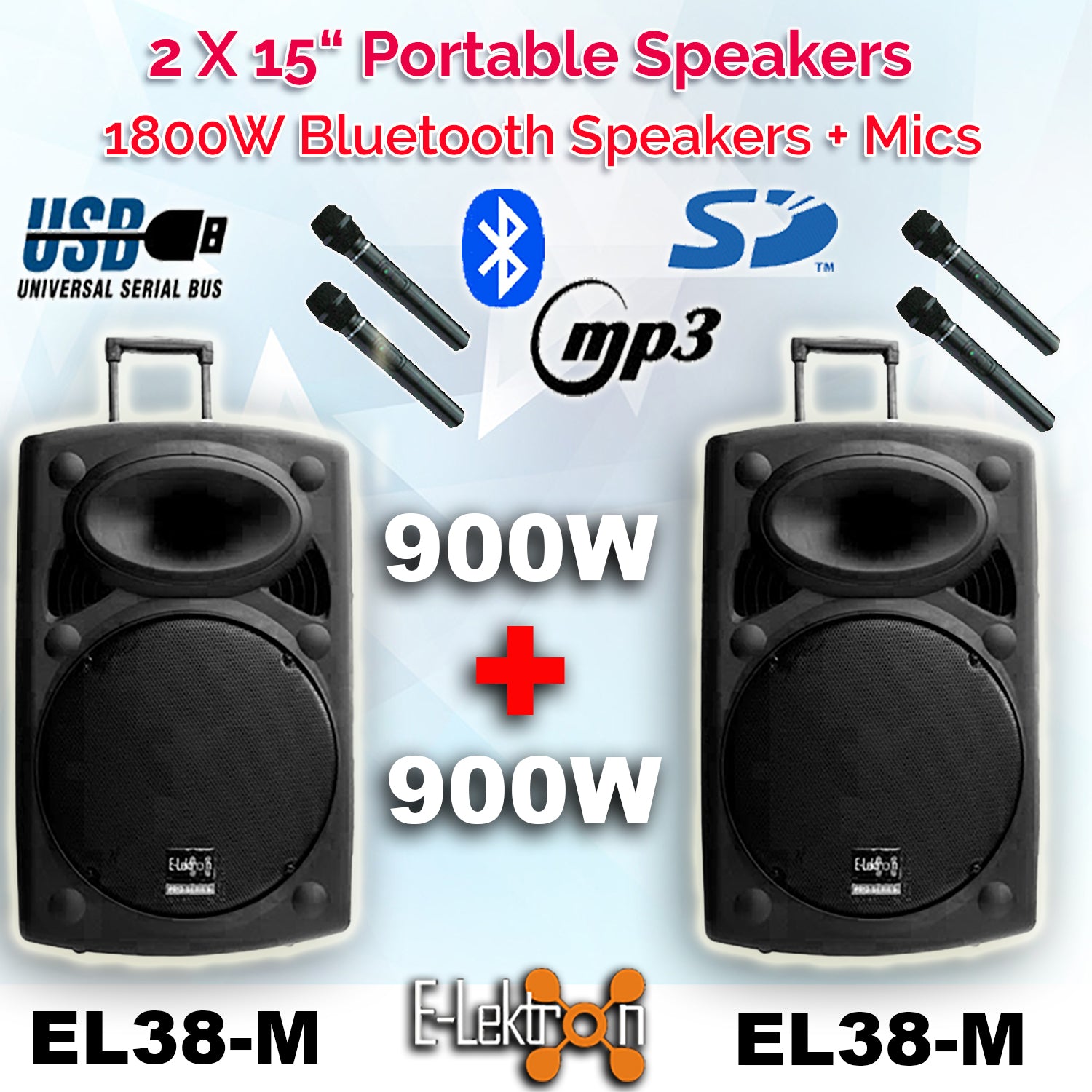Buy E-Lektron 1800W 2 X 15" inch Bluetooth Portable Loud Speakers Sound ...