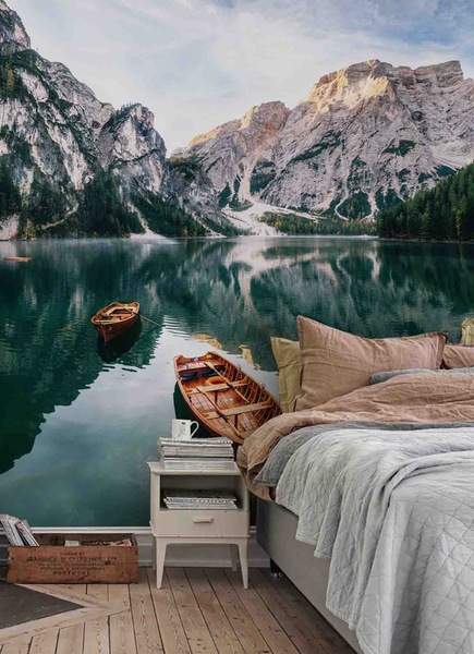 Buy 3D Mountains River Boat Wall Mural Wallpaper 67 - MyDeal Australia