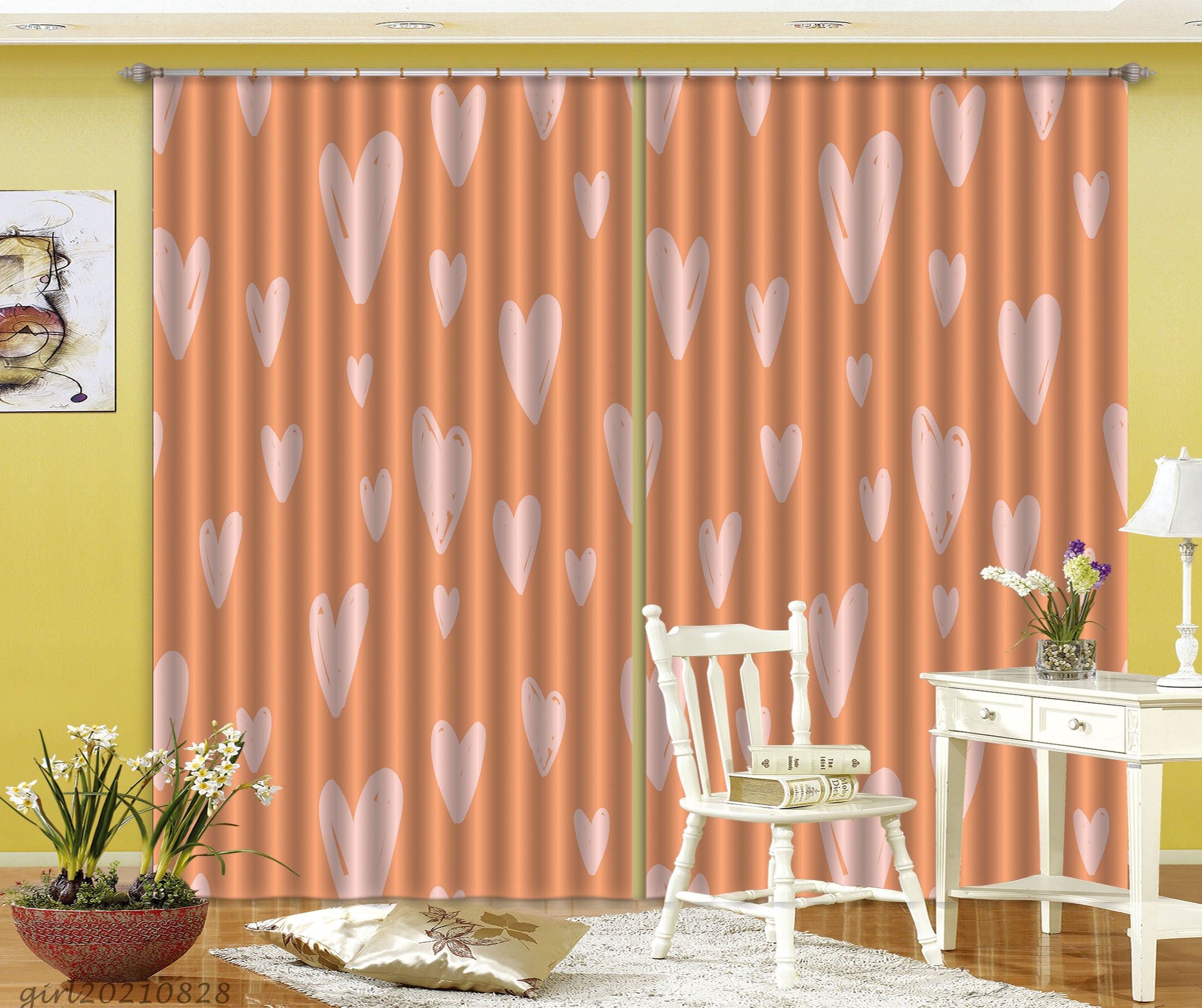 Buy 3D Hand Drawn Orange Heart Pattern Curtains and Drapes LQH 515 ...