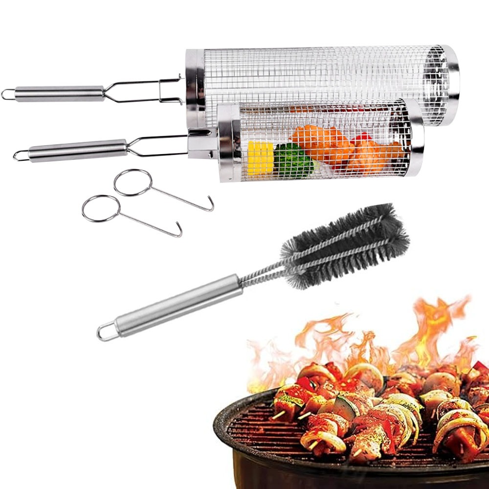 Buy Set Of 3 Rolling Grill Basket BBQ Net Cylinder Barbecue Grilling ...