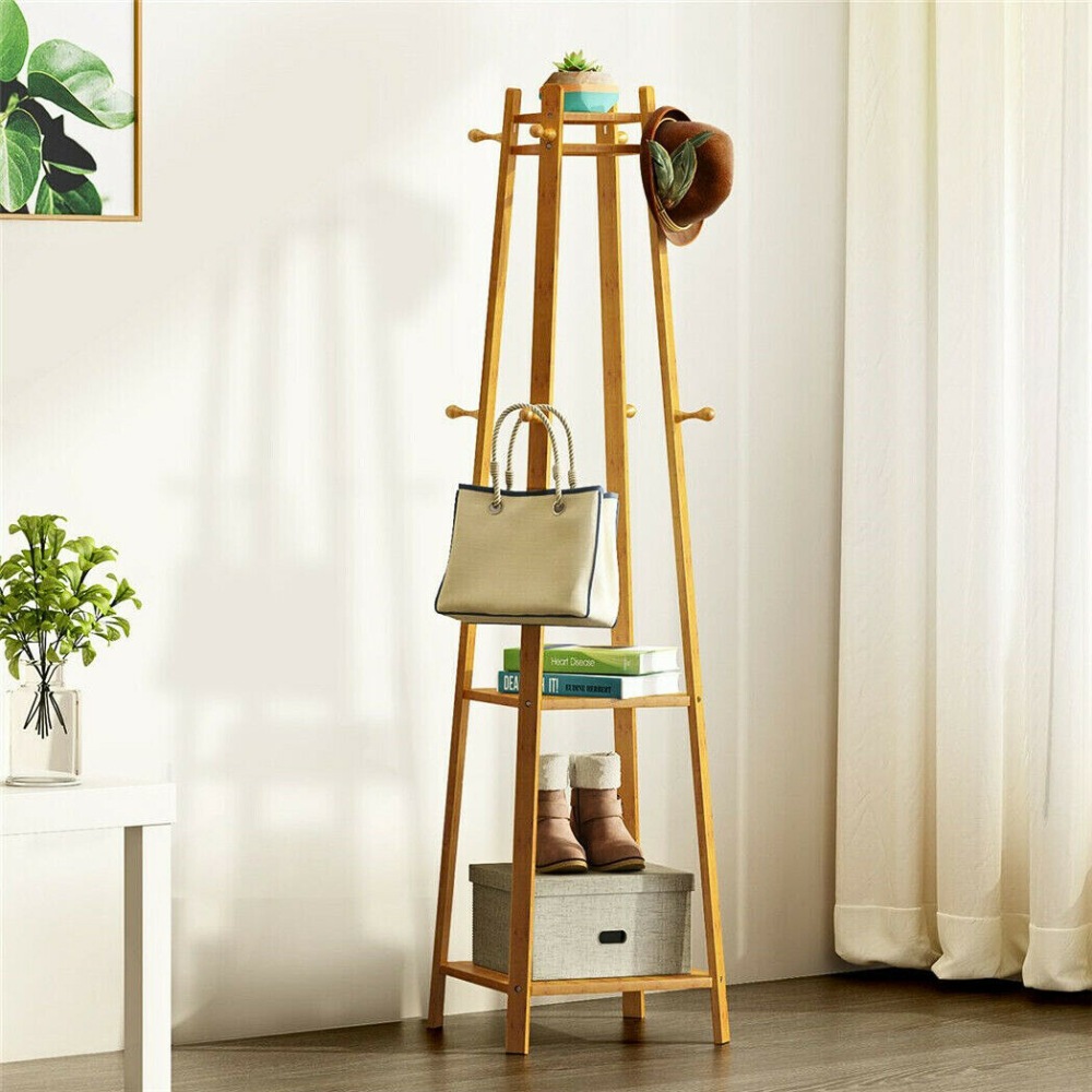 Buy Bamboo Coat Rack Free Standing with 2 Shelves for Clothing and ...