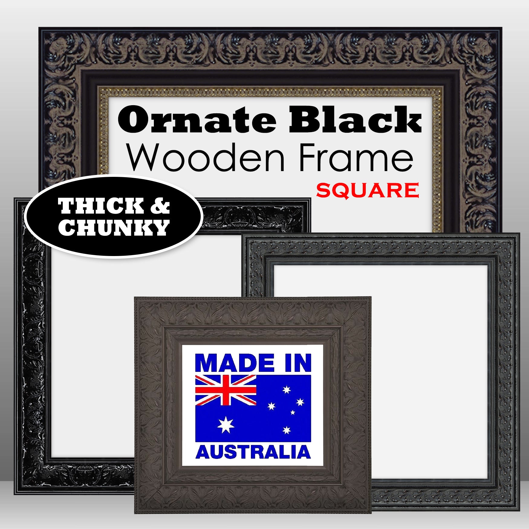 Buy Square Thick Wooden Ornate Black Frame Classic Handmade Chunky ...
