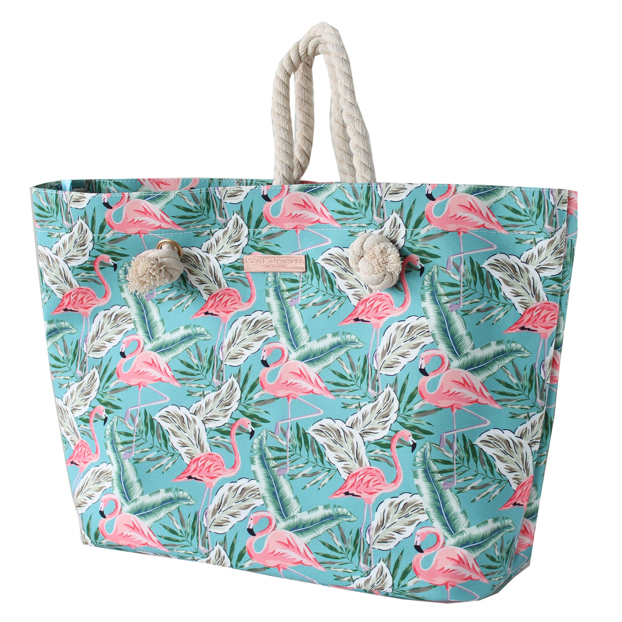 Buy Rope Handle Beach Bag-Teal Flamingo - MyDeal Australia