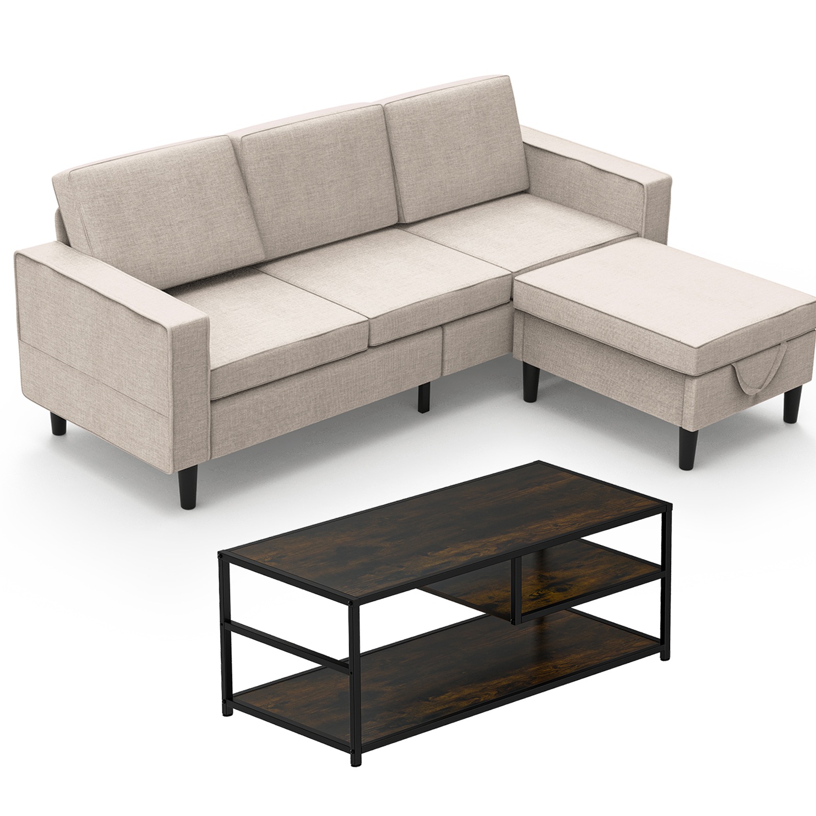 Buy 3 Seaters Sofa & Coffee Table Set Sofa with Storage Ottomans ...