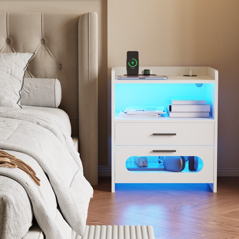 Buy Advwin Bedside Table 2 Drawers Nightstand RGB LED Side Table with ...