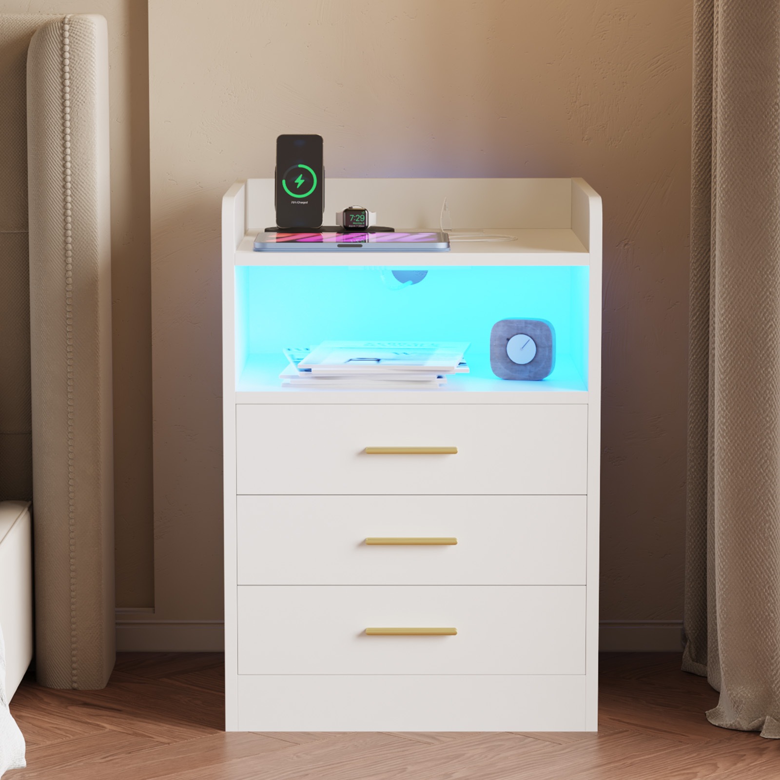Buy Advwin Bedside Table 3 Drawers Nightstand RGB LED Side Table with ...