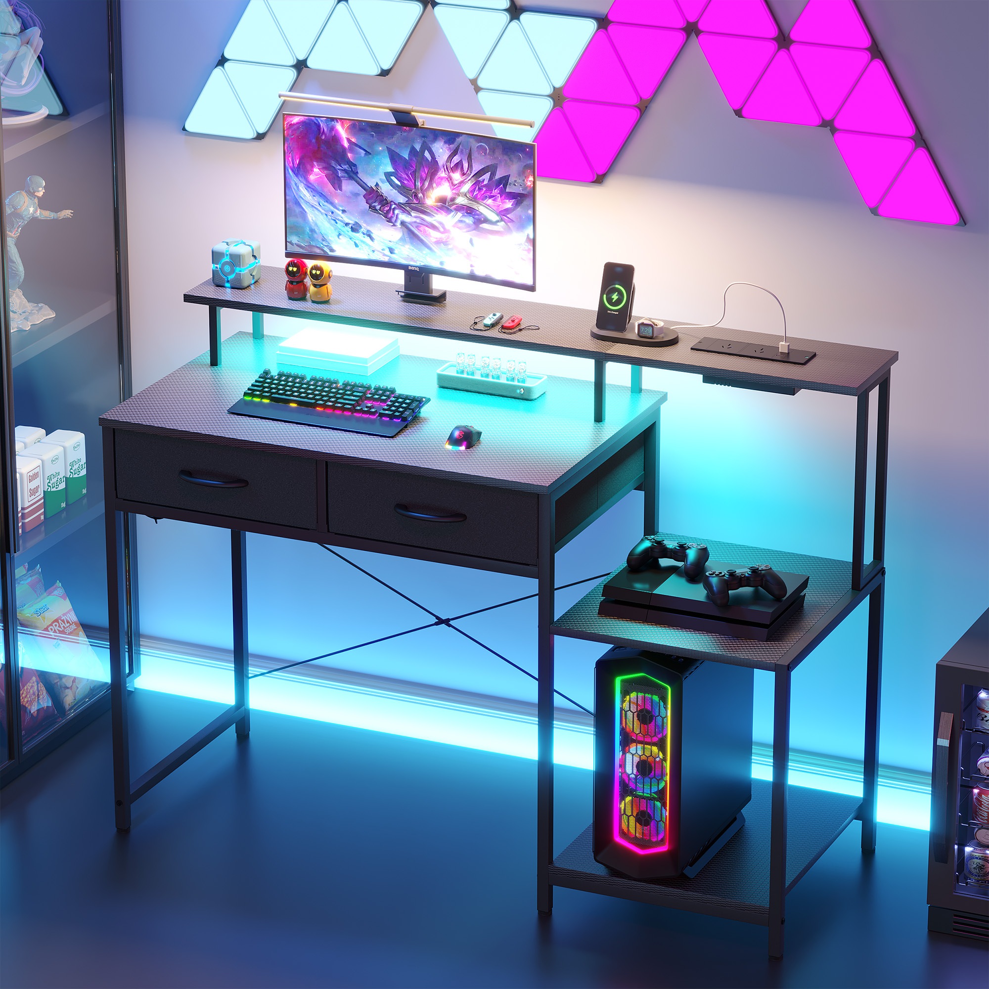 Buy Advwin Gaming Desk with LED Lights & Power Outlets Reversible ...