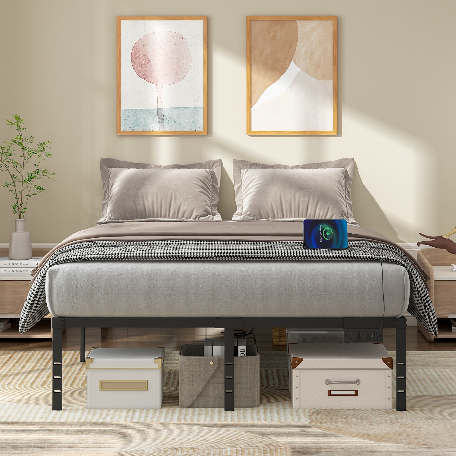 Buy Advwin Queen Metal Bed Frame with Charging Station Bed Base ...