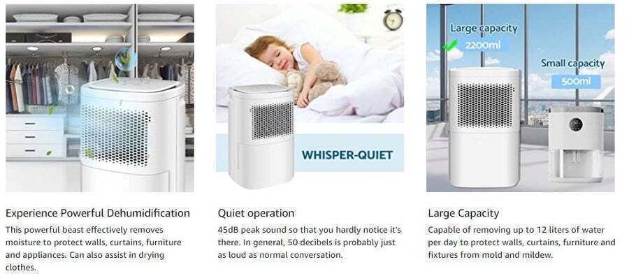 Buy 2200ML Quiet Dehumidifier, Portable Compressor Dehumidifiers 12L ...