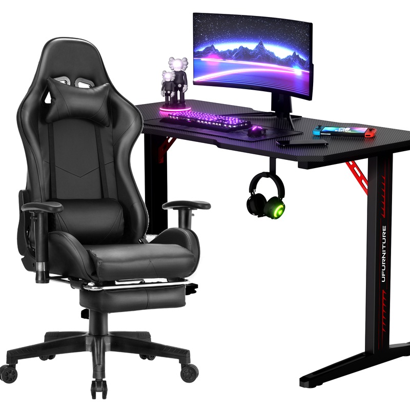 Buy Gaming Chair Desk Set Office Table Racing Seat w/Footrest(Black ...