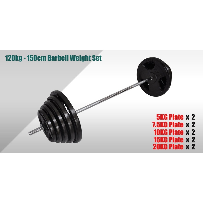 Buy 120kg Ez Grip Cast Iron Barbell Weight Set - 150cm Bar + 115kg Iron ...