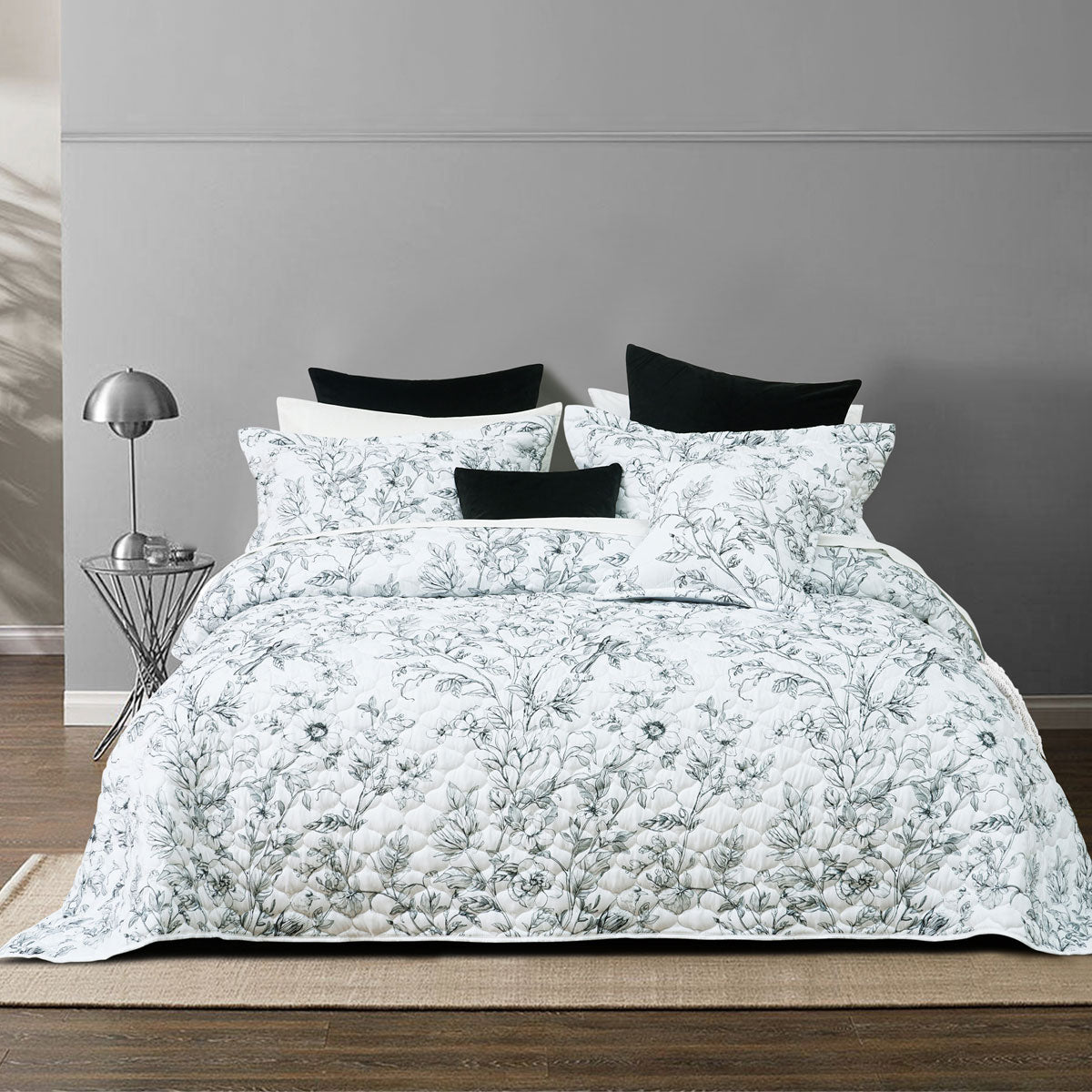 Buy Bianca Gracie White Floral Printed Quilted Bedspread Set Double ...