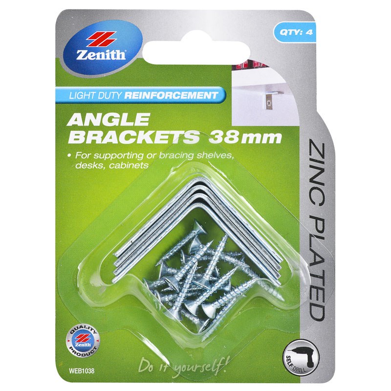 Buy Zenith Zinc Plated 38mm Angle Bracket 4 Pack - MyDeal Australia