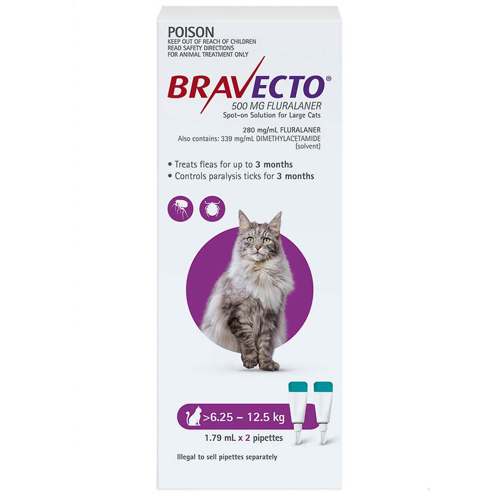 Buy Bravecto Cat 3 Month Spot On Tick & Flea Treatment 6.25-12.5kg Large Purple 2 Pack - MyDeal ...