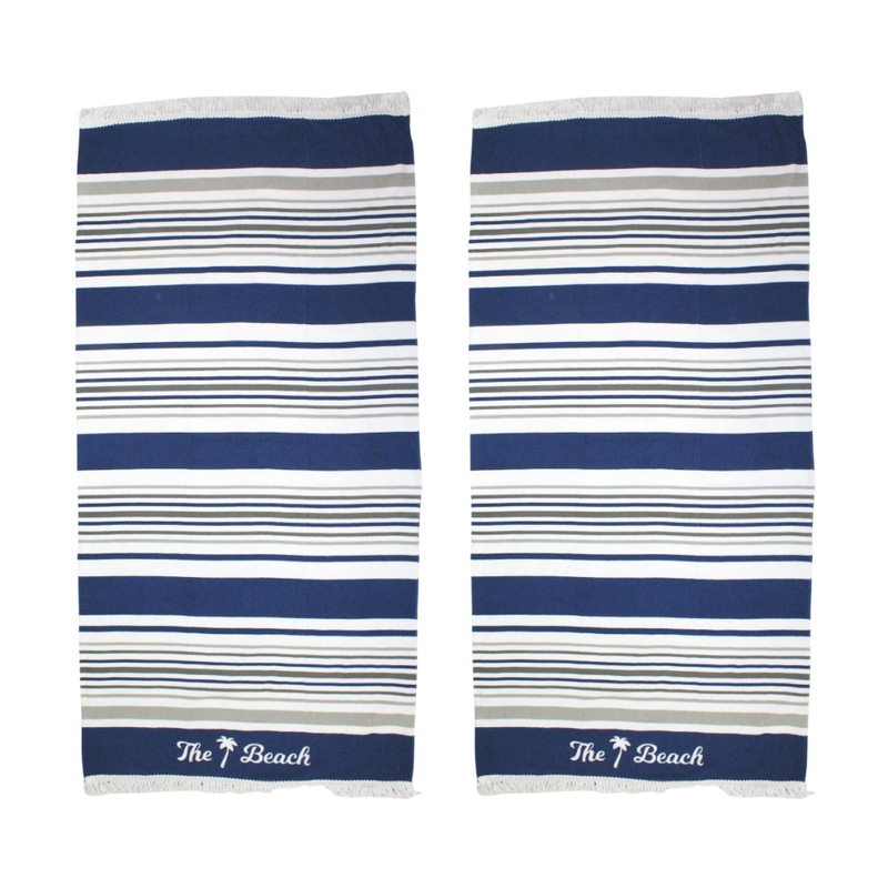 Buy 2x Fringe Beach Towels The Beach Striped Navy Blue & White Cotton 85x170cm Summer Bundled ...