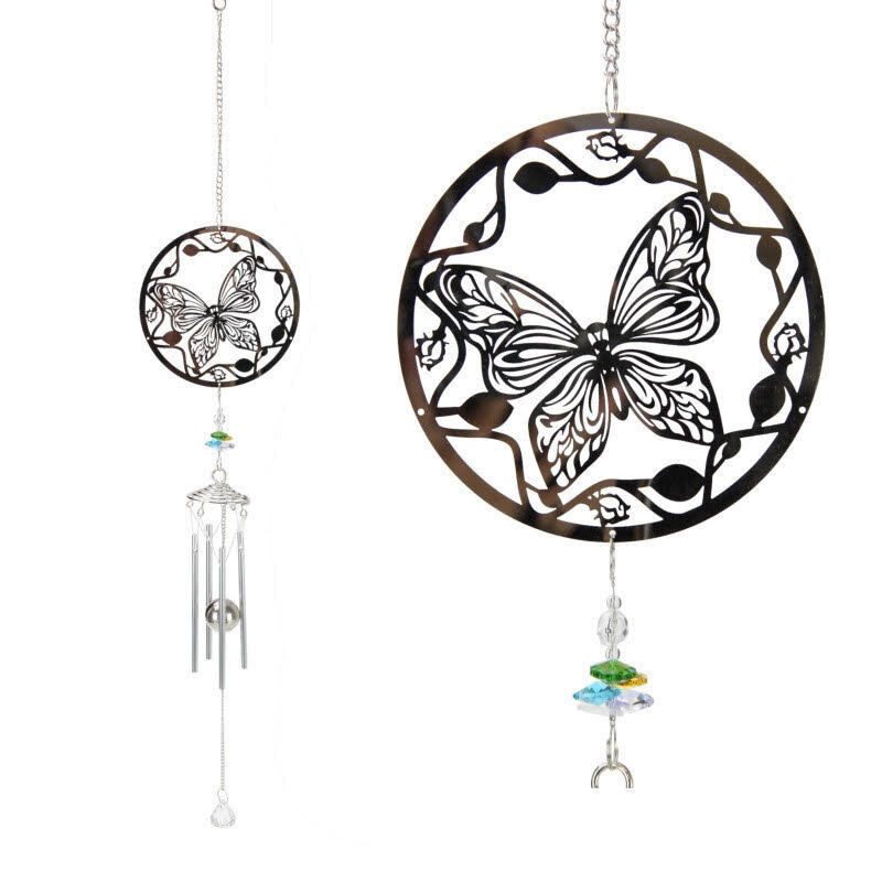 Buy 75cm Silver Butterfly Wind Chime With Crystals Spinner Hanging ...