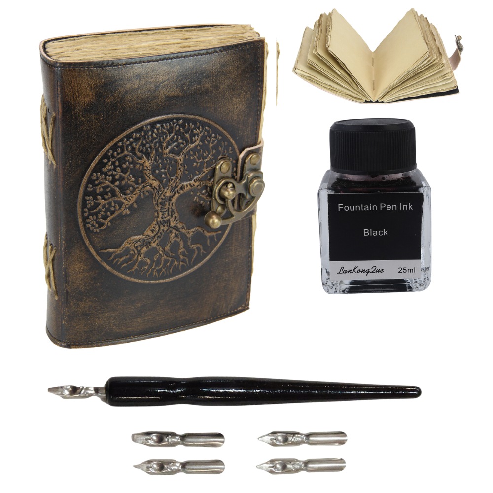 Buy Journal + Calligraphy Ink & Pen Set Antique Leather Spell Book Tree ...