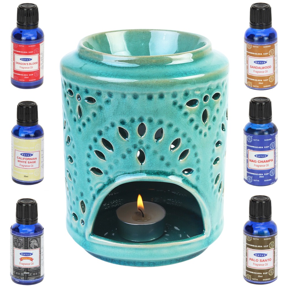 Buy Oil Burner + Satya Oils Set 7pce Large Cylinder 15cm Gloss Green ...