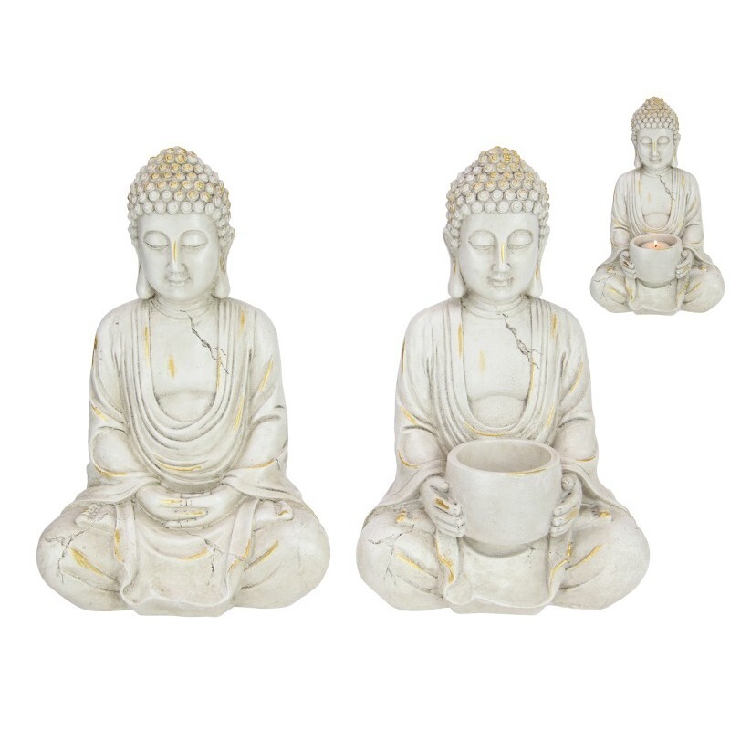 Buy Pair of Rulai Buddha Statues in Cream White & Gold 30cm Meditating ...