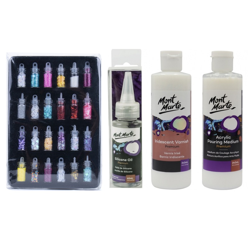 Buy Pouring Paint Basics Set Medium, Silicone Oil, Iridescent Varnish & Glitter Starter Pack ...