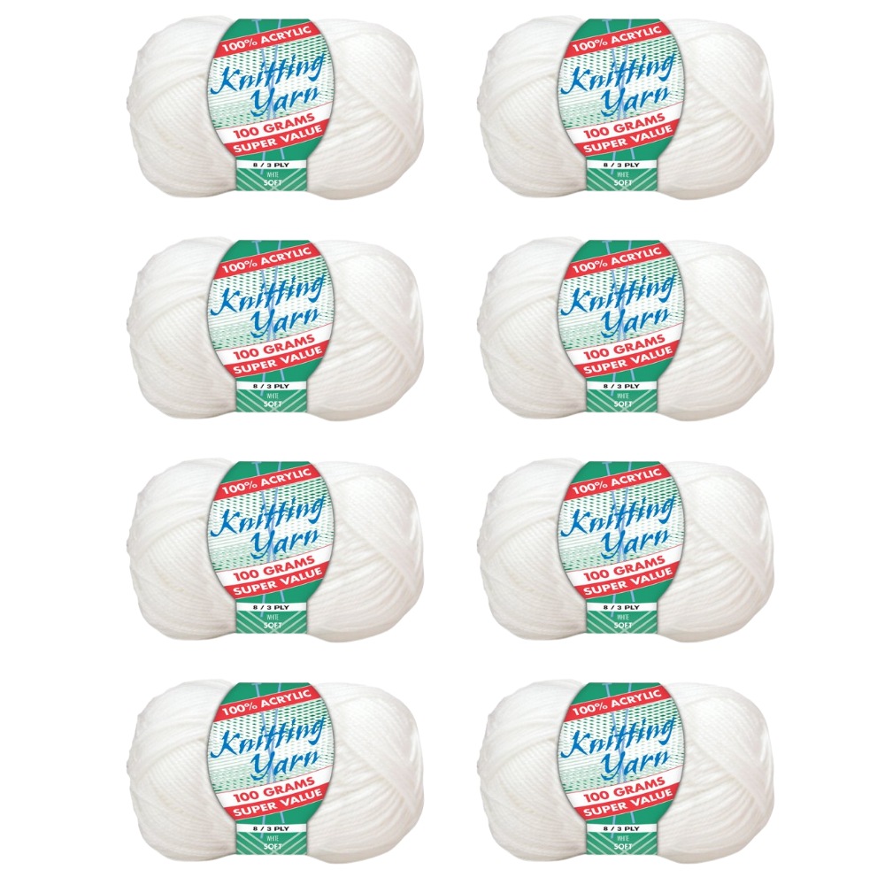 Buy White Knitting Wool Yarn 8 Rolls Set 8 Ply 100g 100% Acrylic ...