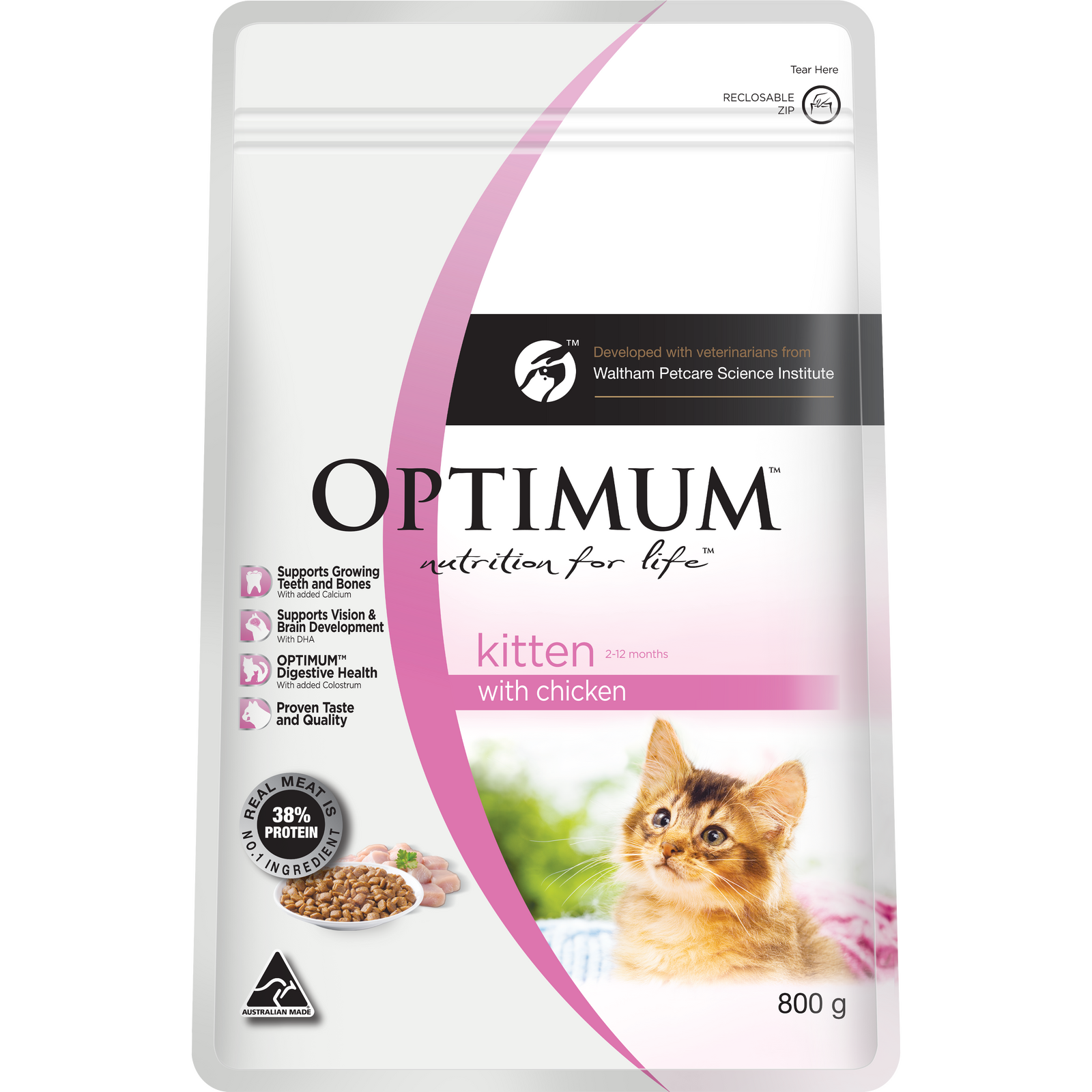 Buy Optimum Kitten All Breeds 2-12 Months Dry Cat Food Chicken 800g ...
