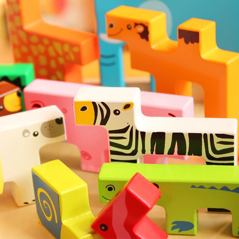 Animals Wooden Shapes Building Stacking Blocks Set Educational Kids ...