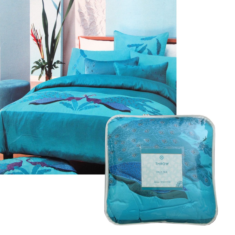 Buy Byzantine Peocock Turquoise Faux Silk Throw Rug/Coverlet 160 x 220 ...