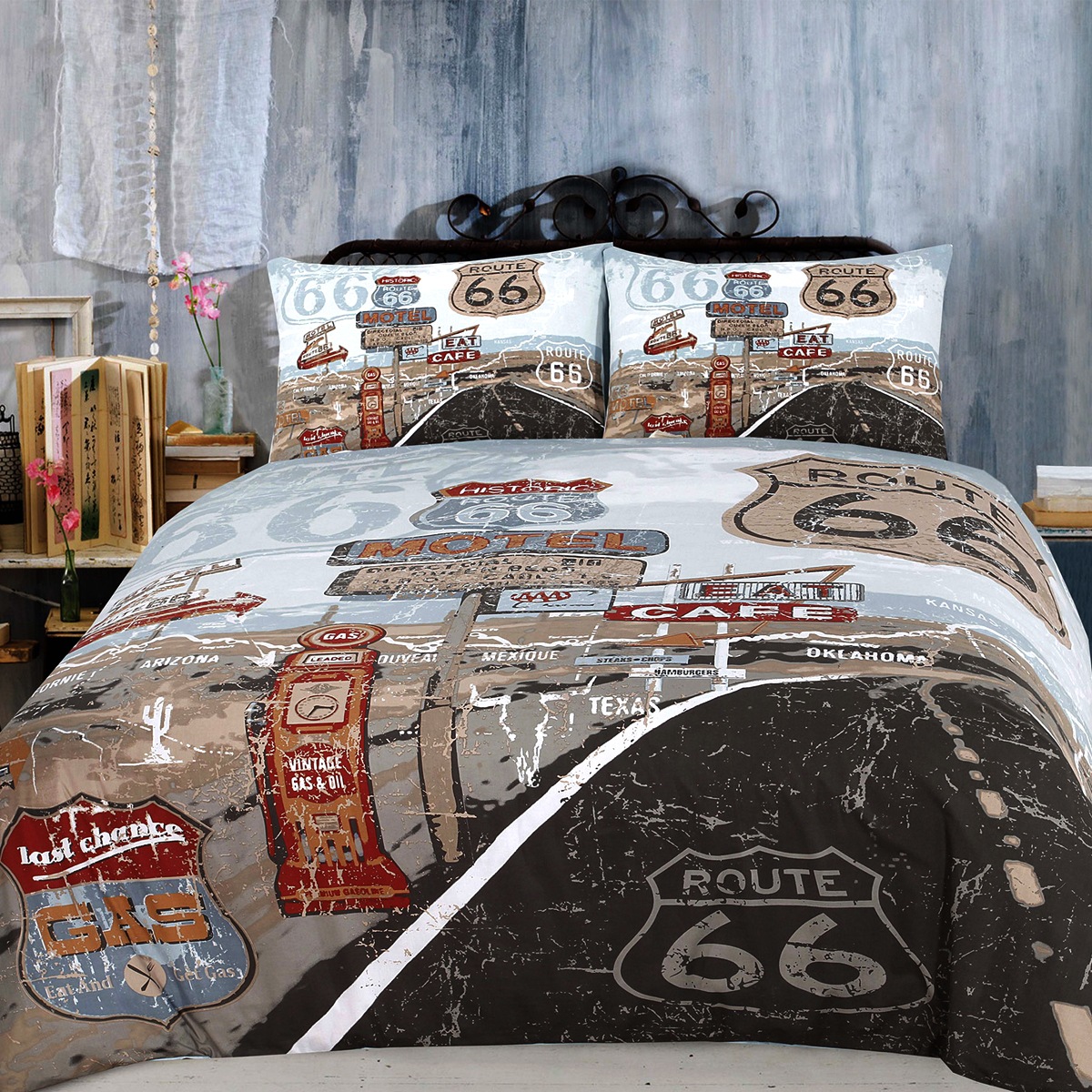 Buy Retro Home Route 66 Polyester Cotton Quilt Cover Set Queen - MyDeal ...