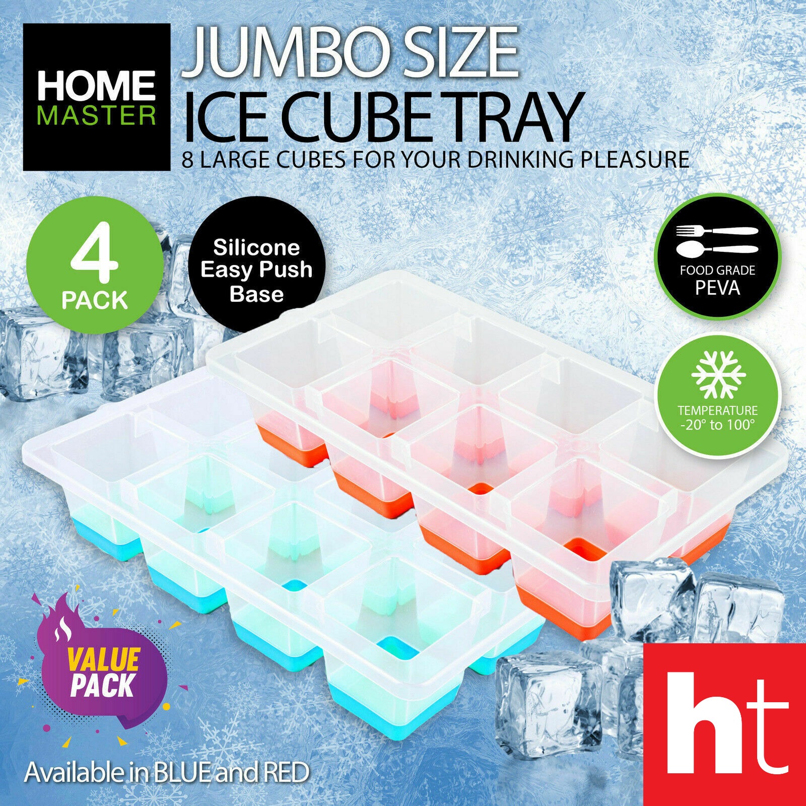 Buy Home Master 4PK Ice Cube Tray Jumbo Size Silicone Base Easy Release ...
