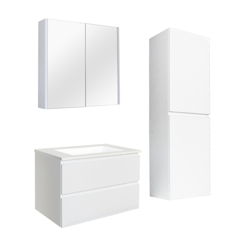 Buy 600mm Matte White Qubist MDF Wall Hung Vanity With Ceramic Top With Shaving Cabinet and Tall ...