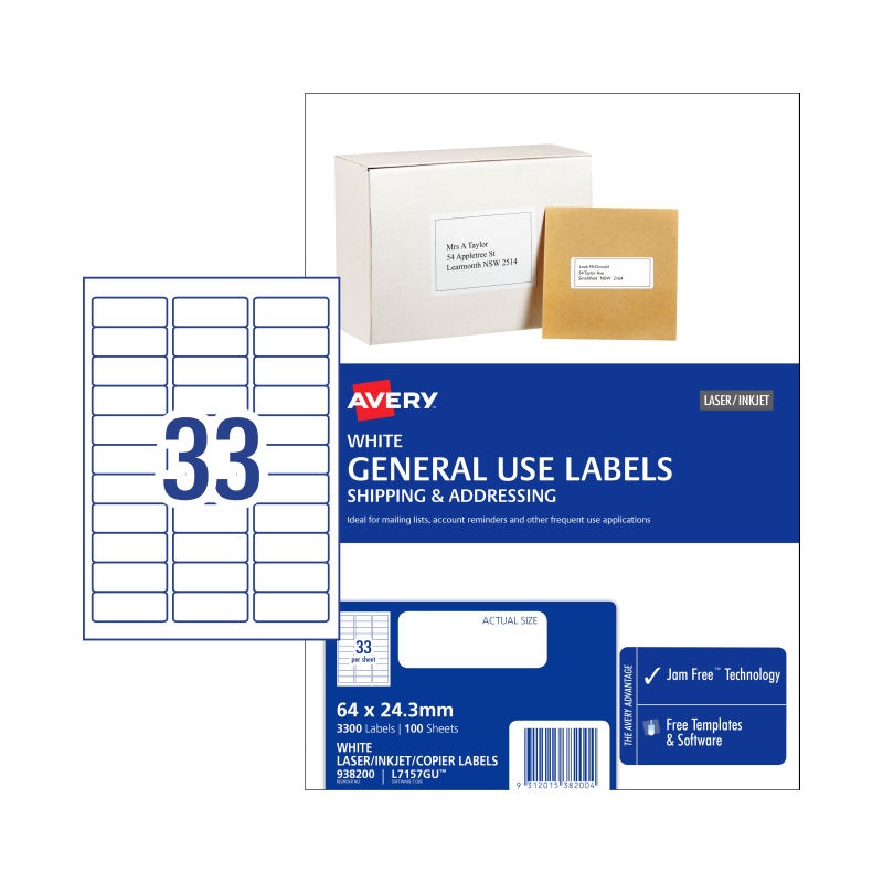 Buy AVERY General Use Labels L7157GU 64 x 24.3 mm (3300 Labels/100 ...